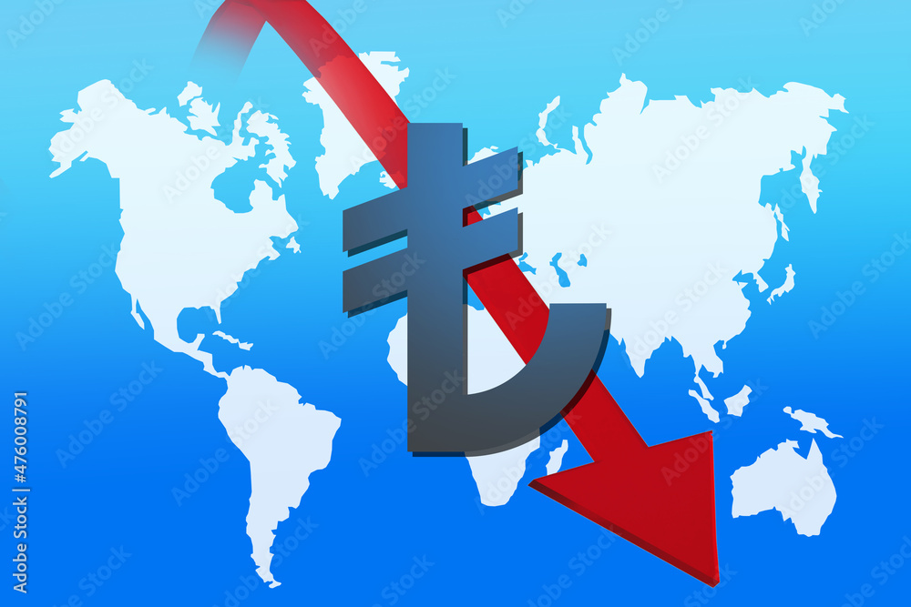 Turkish lira fall. Devaluation of the Turkish currency. Symbol of the ...