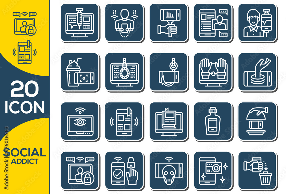 addict man and set of addiction symbols, outlined vector. People using ...
