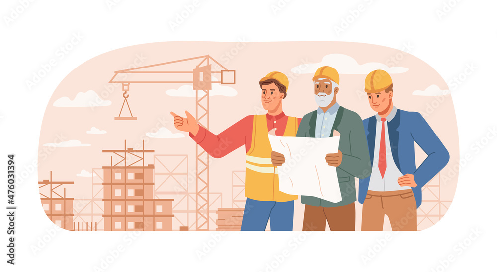 Workers showing contractor progress on construction site, people ...