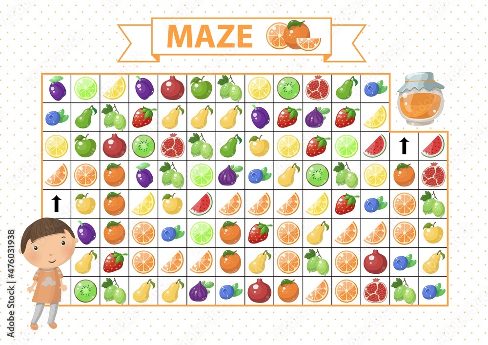Maze game for children. Find the correct path by orange. Cartoon boy ...