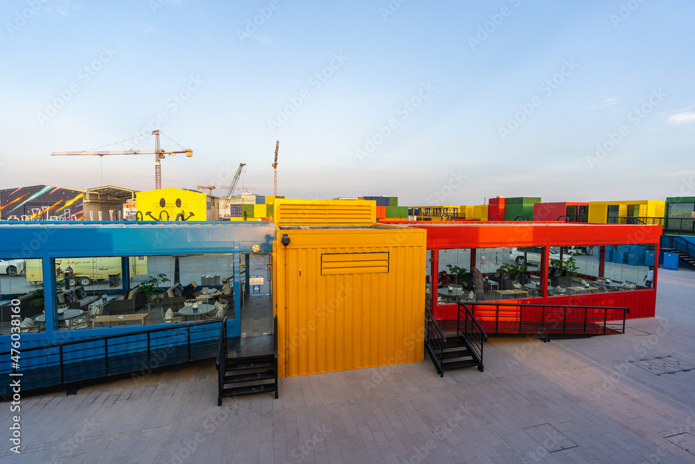 DOHA, QATAR - DEC 16, 2021: Box Park, located at the old Doha Port, is ...
