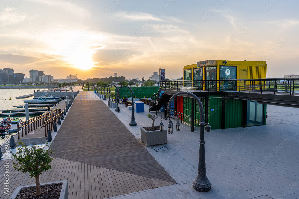 DOHA, QATAR - DEC 16, 2021: Box Park, located at the old Doha Port, is ...