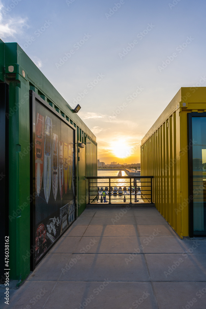 DOHA, QATAR - DEC 16, 2021: Box Park, located at the old Doha Port, is ...