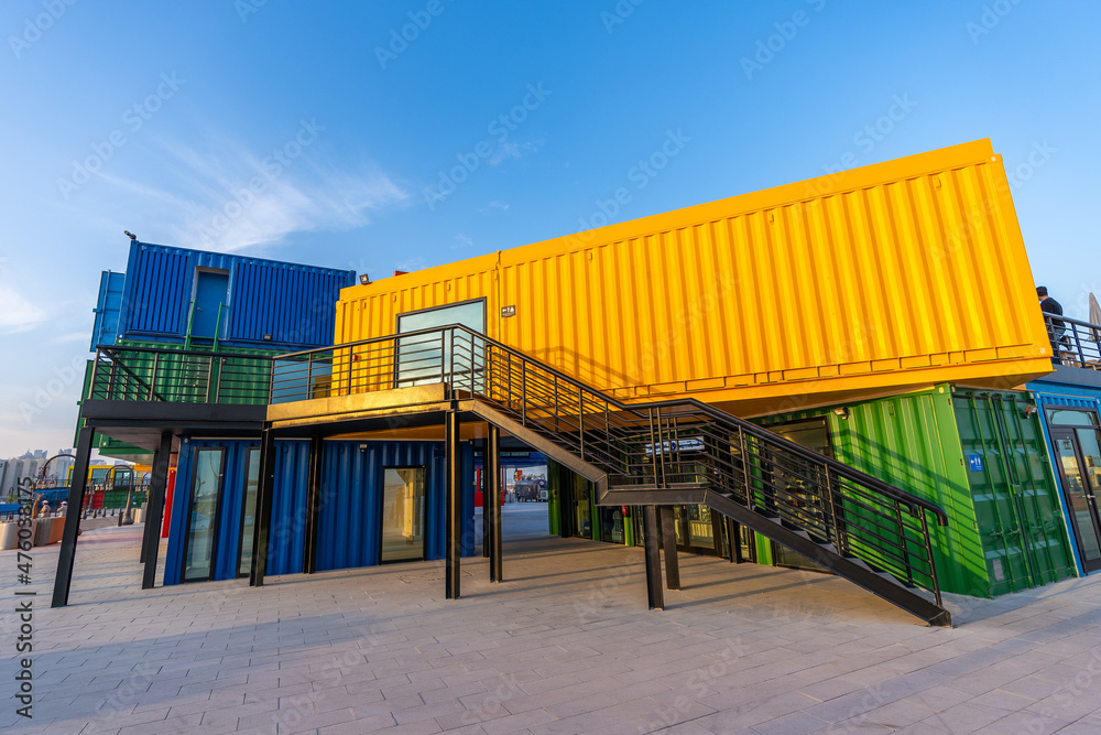 DOHA, QATAR - DEC 16, 2021: Box Park, located at the old Doha Port, is ...