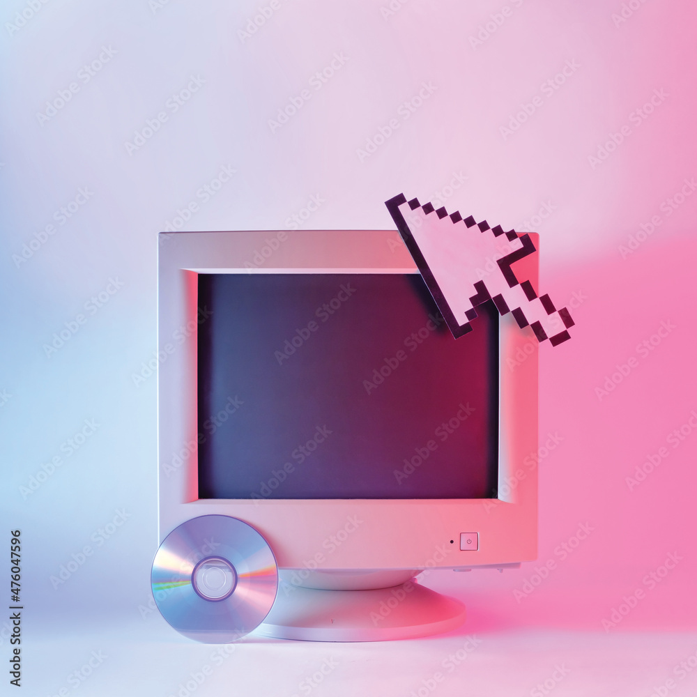 Old monitor retro computer cd disk and mouse cursor in vaporwave and ...