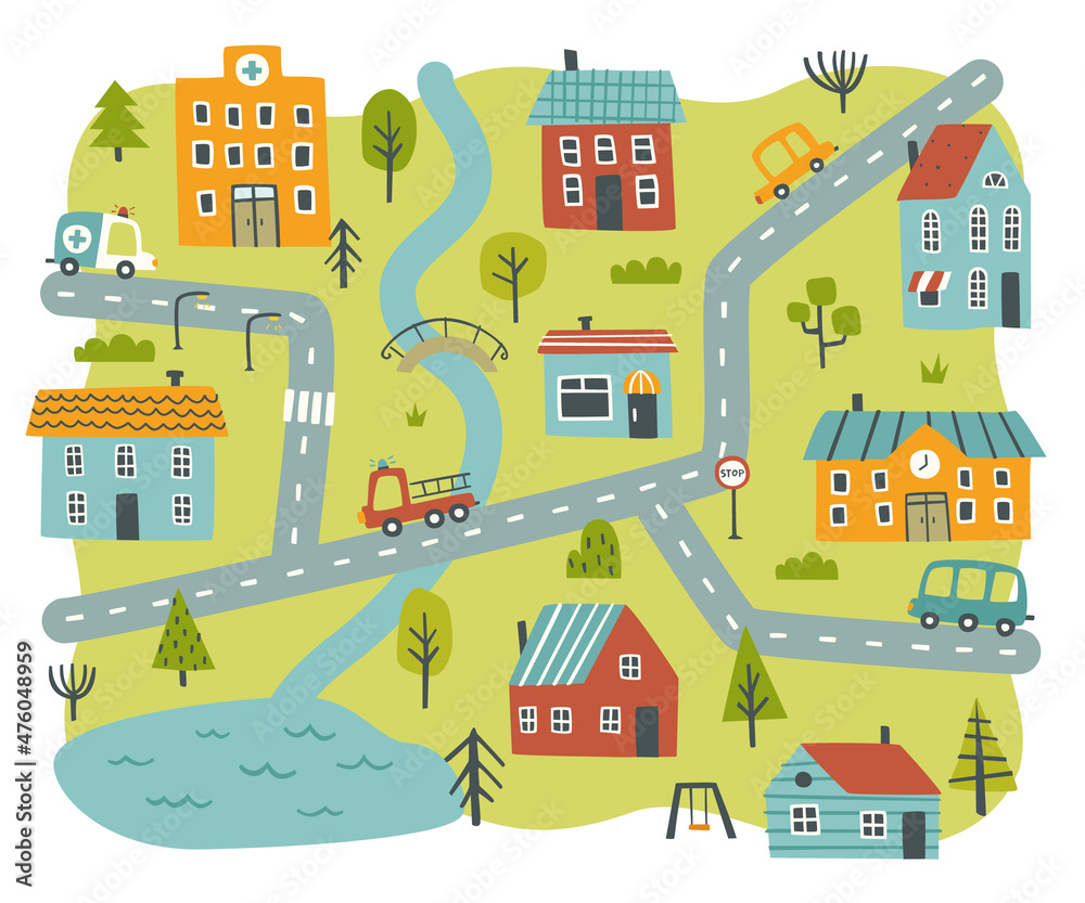 Vetor de Cityscape doodle map print for carpet. Little town view with ...