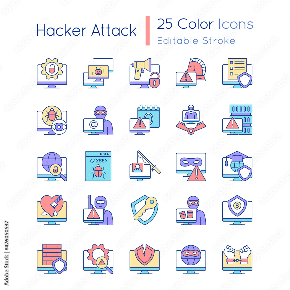 Hacker attack RGB color icons set. Cybercrime. Computer system, network ...
