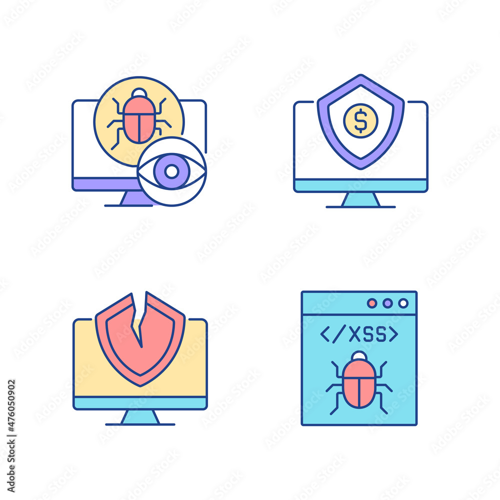 Computer vulnerability exploitation RGB color icons set. Hacker attacks. Network disruption ...