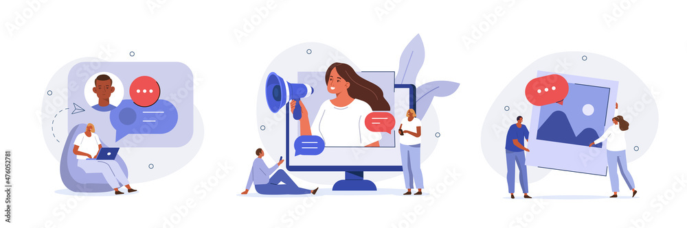 Communication and marketing illustration set. Characters posting in ...