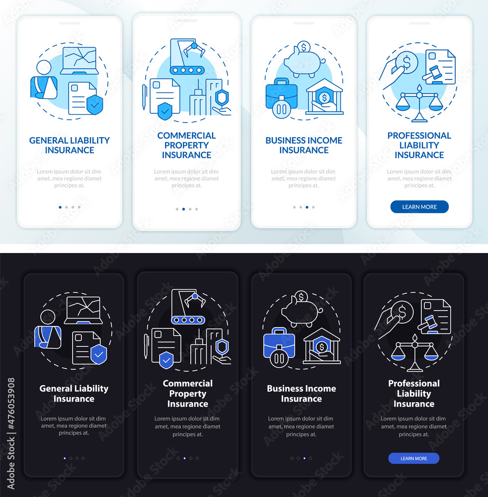 Insurance types day and night theme onboarding mobile app screen ...