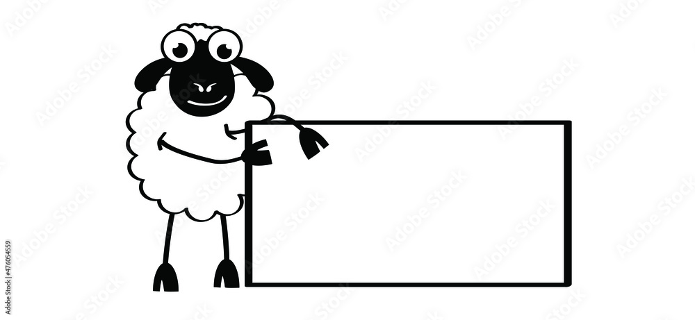 Cartoon, comic cut white sheep stickman with empty signboard. sheep ...