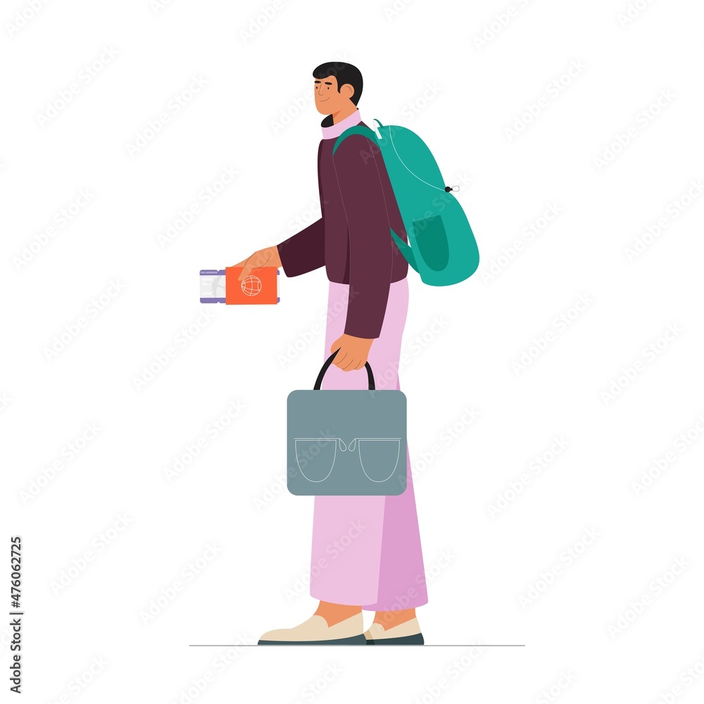 Man holding passport and boarding pass, travel bag for laptop and ...