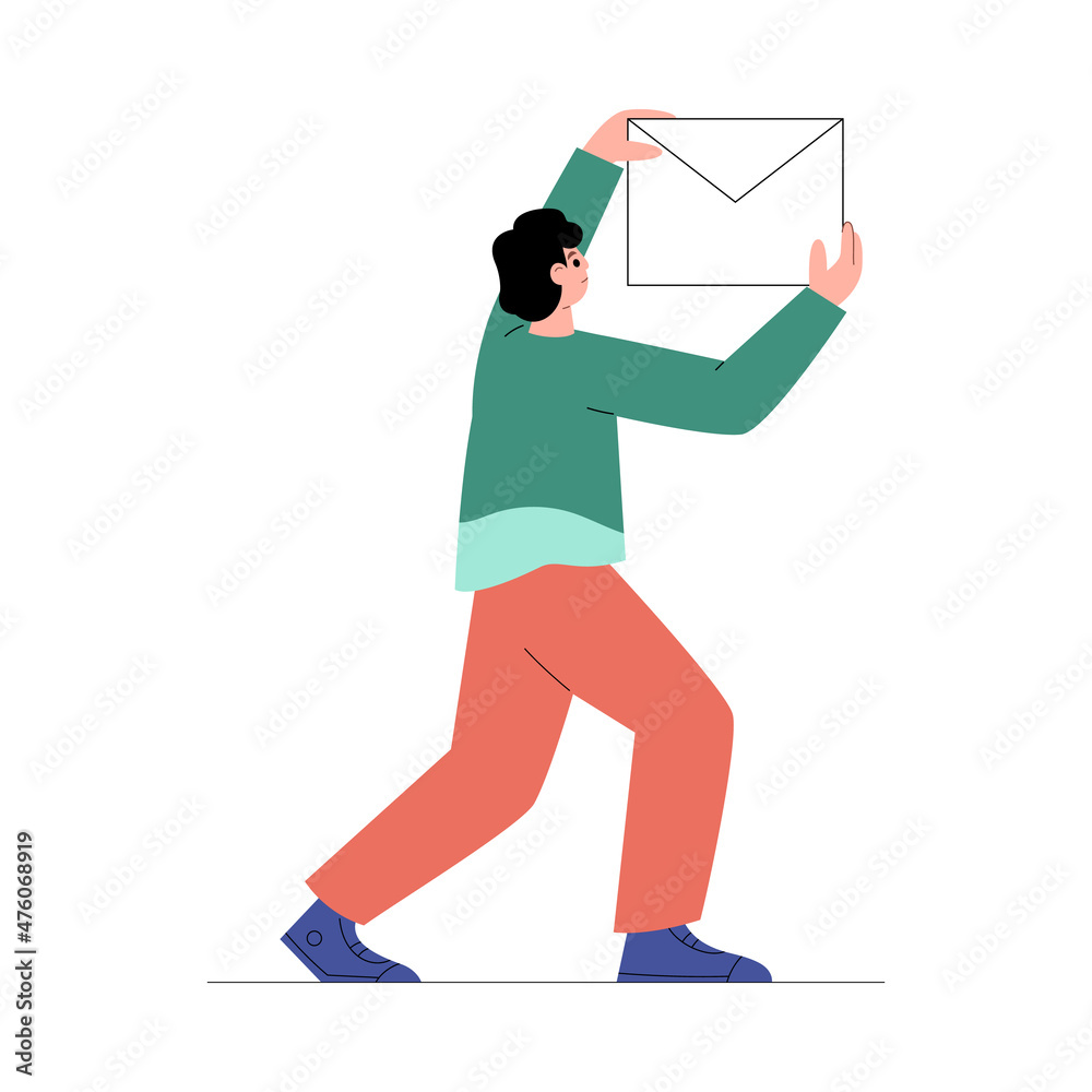 Man sending letter in huge envelope, flat cartoon vector illustration ...