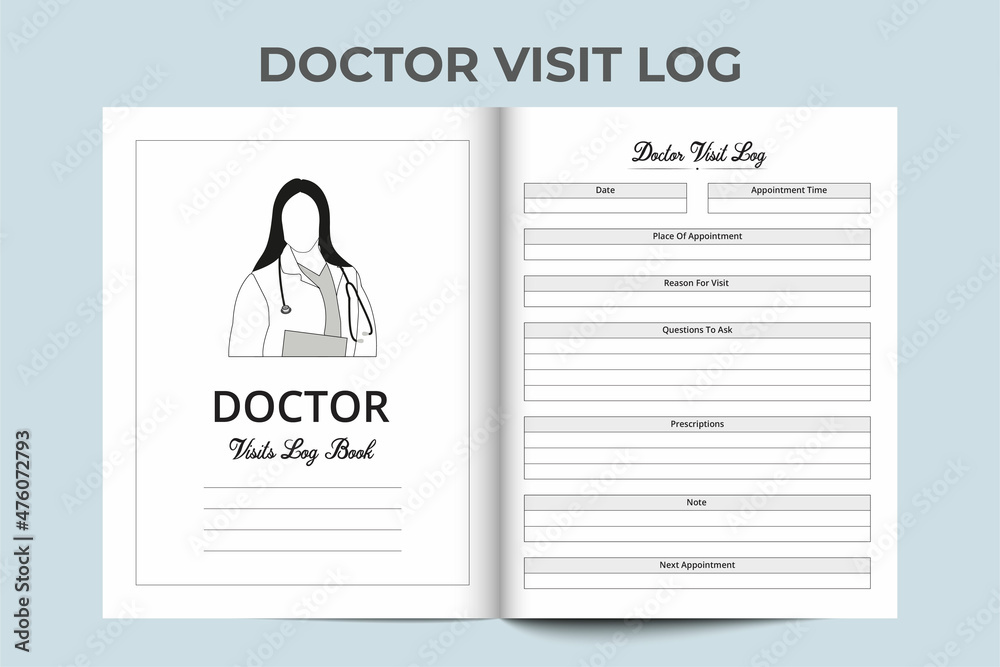 Doctor visiting log book KDP interior. Female doctor line art with ...
