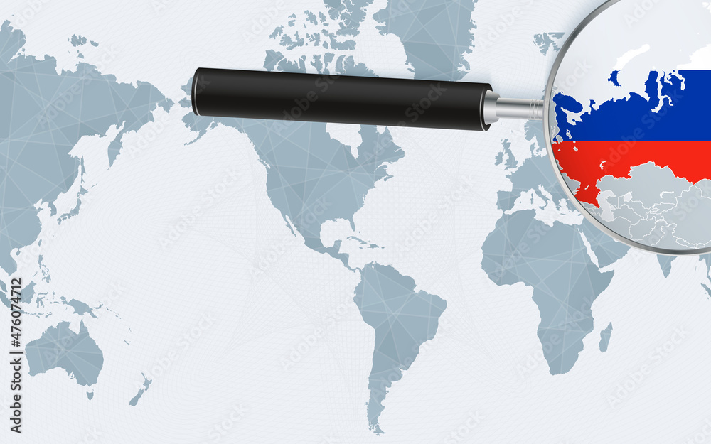 Enlarged map of Russia on America centered World Map. Magnified map and ...