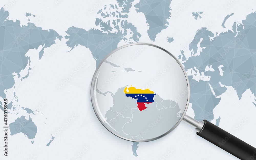 Enlarged map of Venezuela on America centered World Map. Magnified map ...