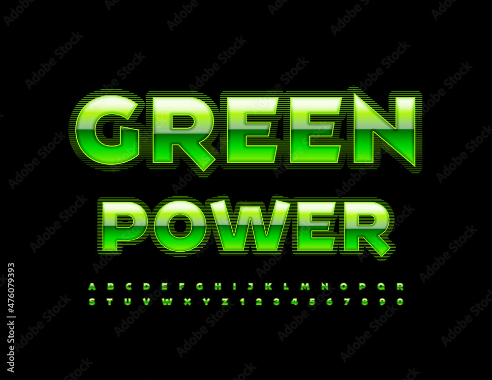 Vector eco concept reen Power. Techno Glossy Font. Unique set of ...