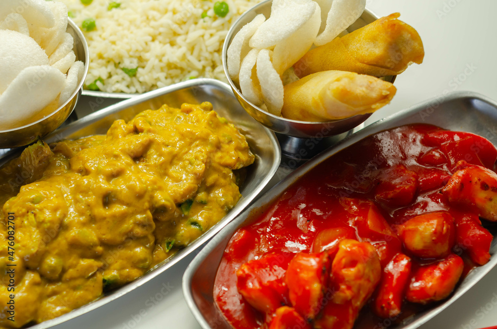 Chinese set, chicken curry, sweet and sour chicken served with egg ...
