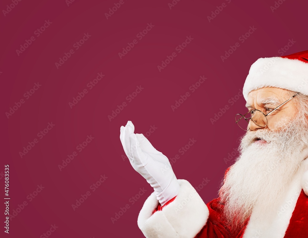 Funny happy excited old bearded Santa Claus face wearing costume ...