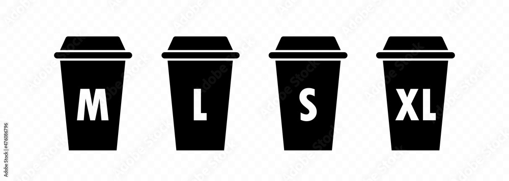 Cup size icon set. S m l xl size coffee. Takeaway concept. Cup symbol ...