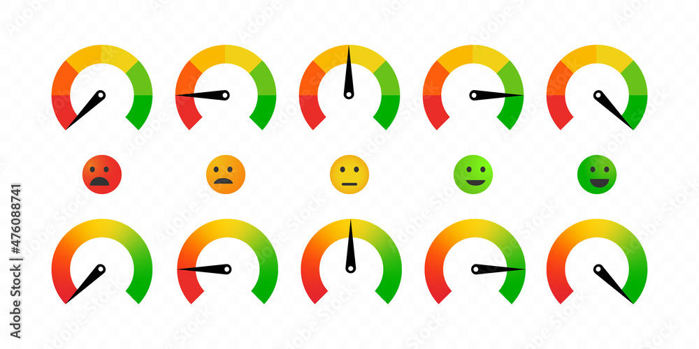 Mood speedometer icon set. Pain scale. Emotion barometer. Vector line ...