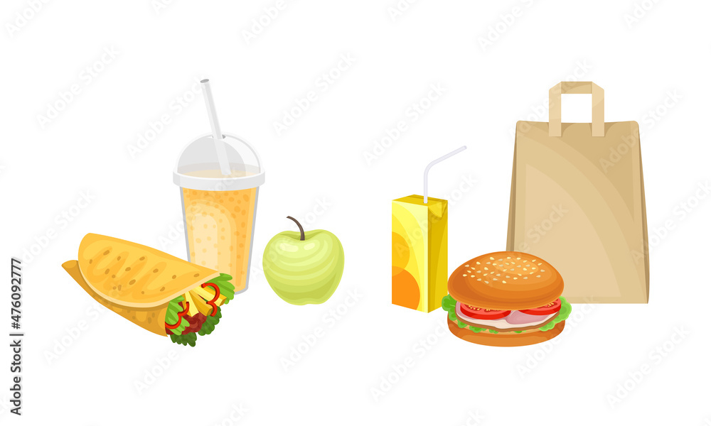 Takeaway food set. Sandwich, hamburger and drinks, students snack meal ...