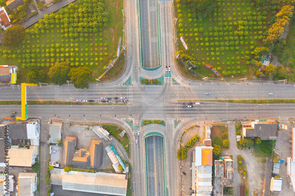 Aerial view of intersection or junction with cars traffic, Chiang Mai ...