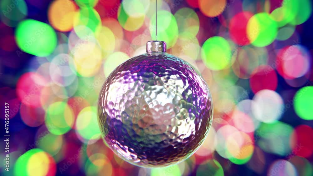 Realistic looping 3D animation of the hanging spinning iridescent silver metallic textured fancy ...