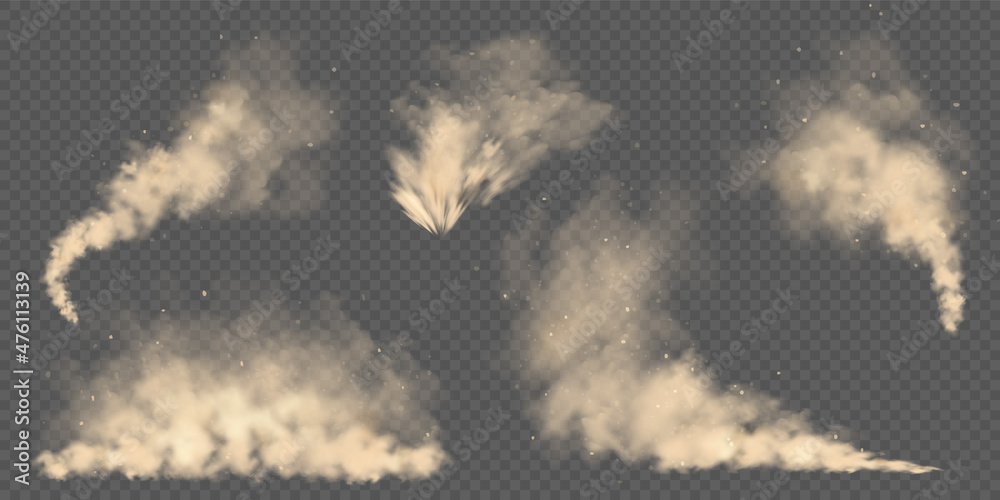 Realistic dust clouds. Road sand storm. Polluted dirty brown air with ...