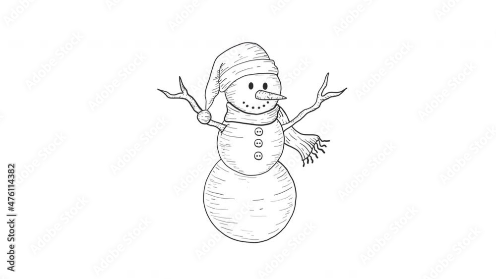 4K Vintage engraving style hand draw animated snowman with rotation ...