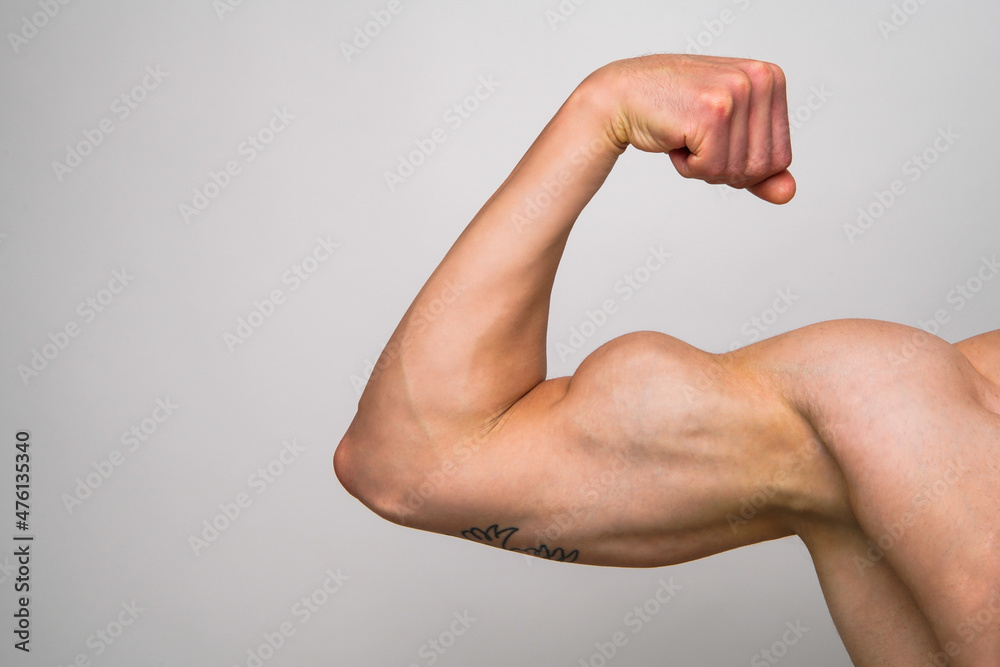 Muscular Bicep on grey background. Male flexing his arm. Bodybuilder ...