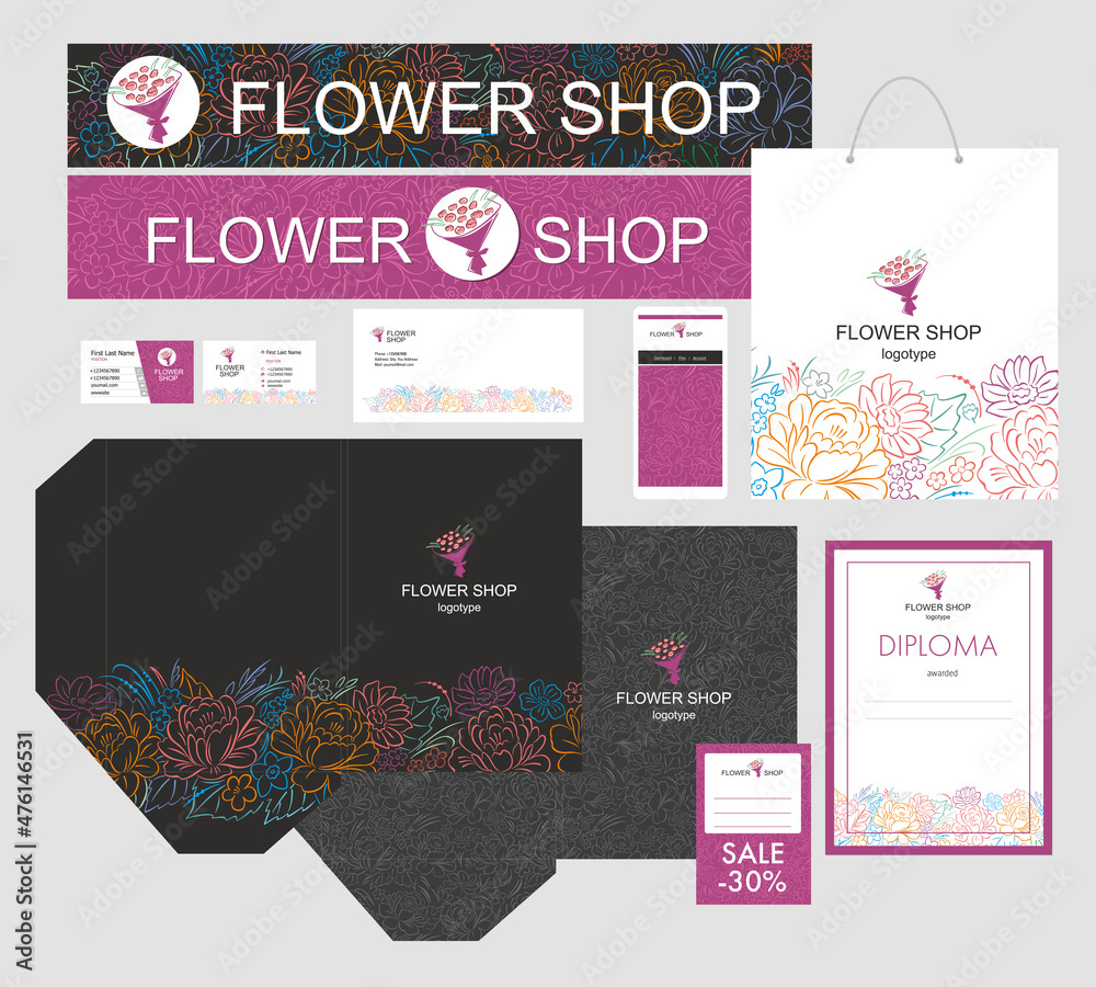 Corporate identity flower shop. A set of corporate identity. Signboards ...