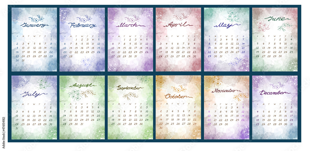 Calendar template for 2022 year. Set with Watercolor blue, pink, green ...