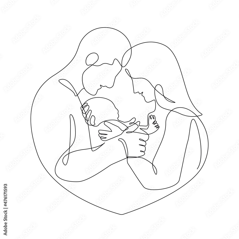 One Line Family Drawing. Happy Family Portrait Line Art Illustration ...