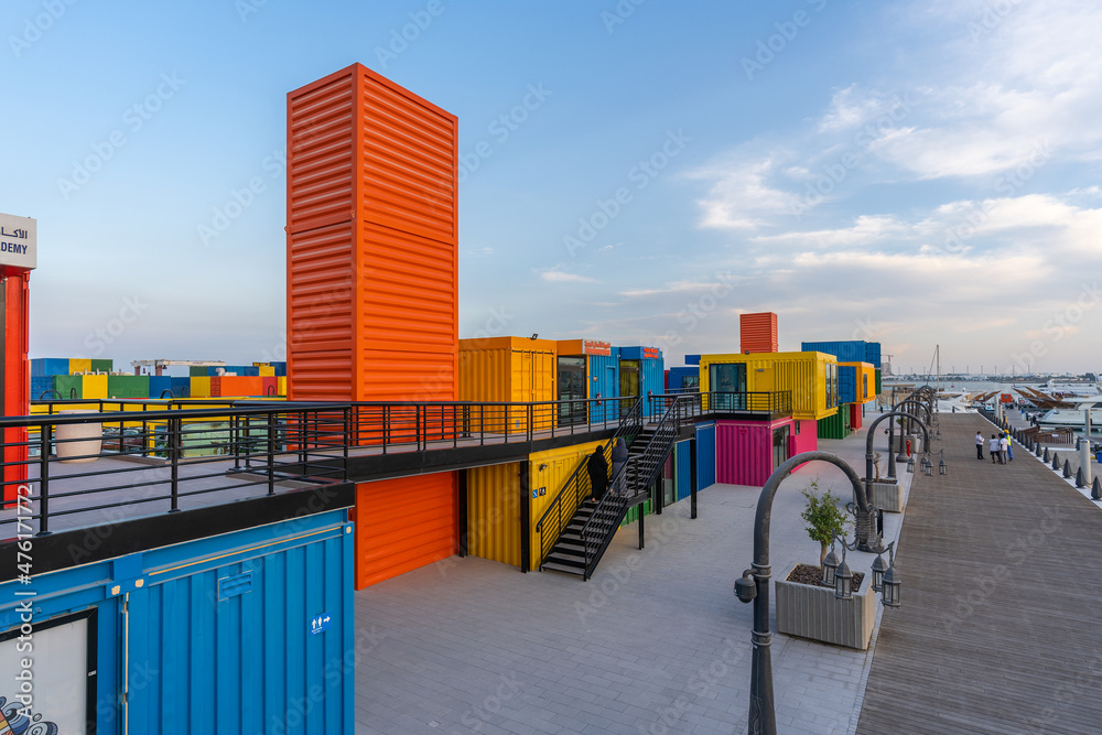 DOHA, QATAR - DEC 16, 2021: Box Park, located at the old Doha Port, is ...