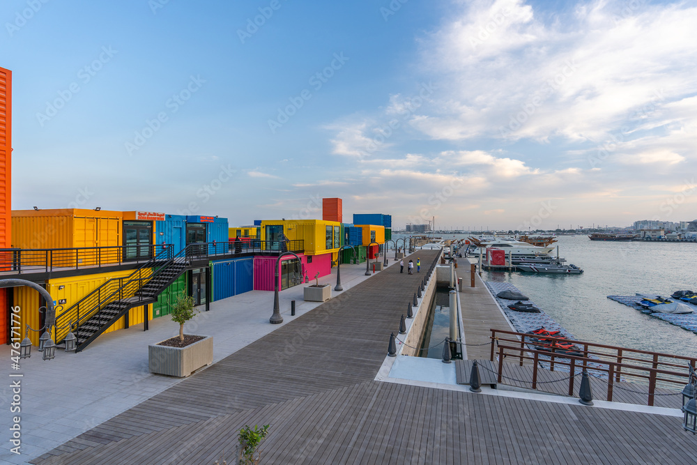 DOHA, QATAR - DEC 16, 2021: Box Park, located at the old Doha Port, is ...