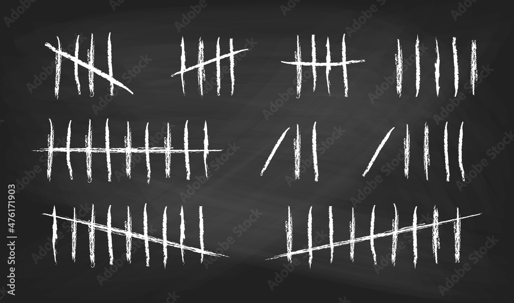 Tally marks set on school black chalkboard. Collection of white hash ...