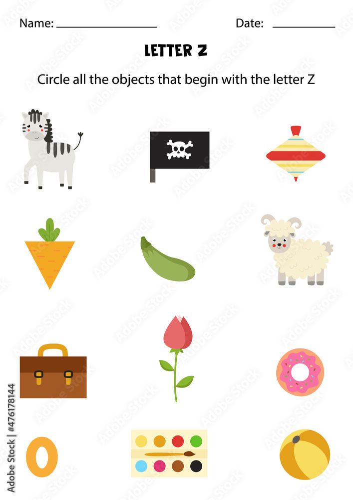 Letter recognition for kids. Circle all objects that start with Z ...