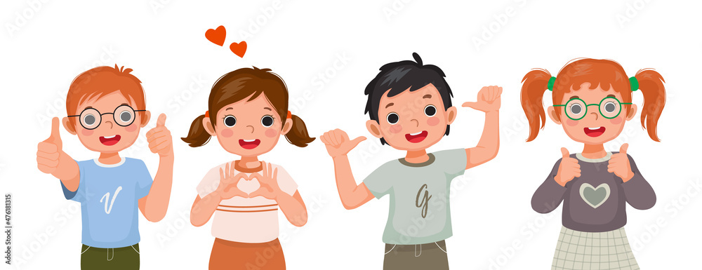 Group of happy kids with different positive emotions, cheerful feelings ...