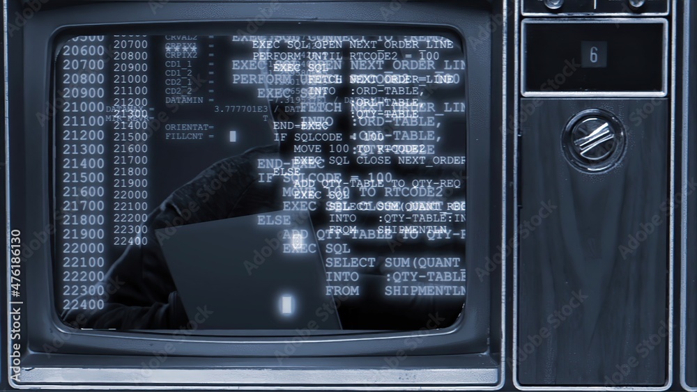 3d illustration - old tv with Computer program codes running on screen ...