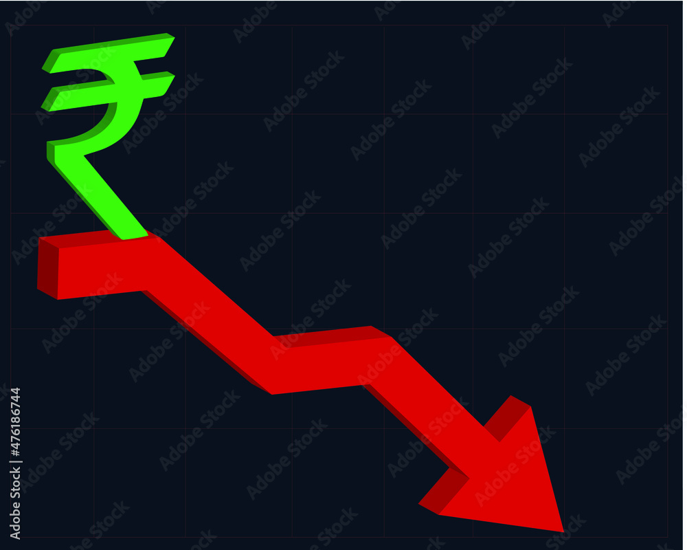 Indian money currency depreciation. Green Indian Rupee icon with red ...