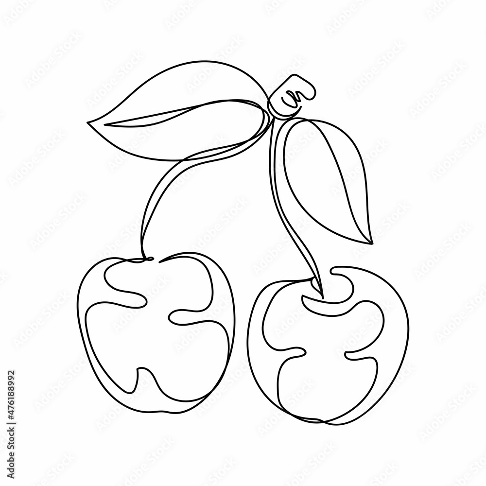 Continuous one simple single line drawing of cherry with leaf icon in ...