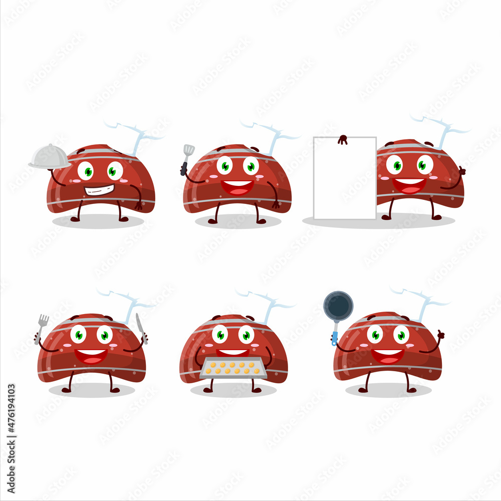 Cartoon character of curve red gummy candy with various chef emoticons ...