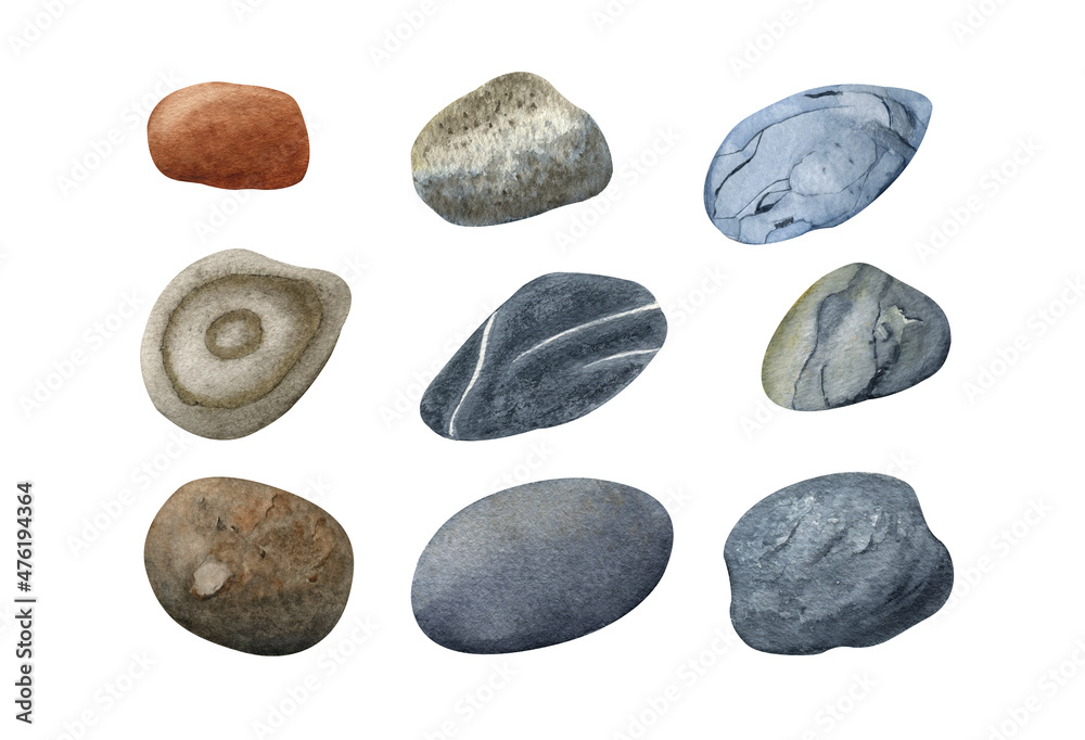 Set of color watercolor pebbles, stones is realistic. Hand drawn. In ...