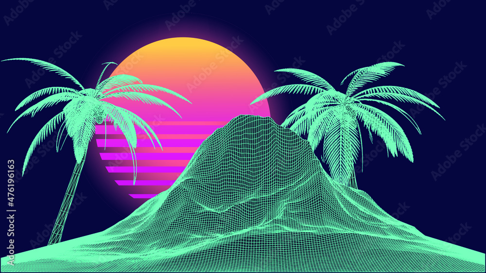 Retro 80s synthwave styled 3D landscape with green laser grid mountains ...