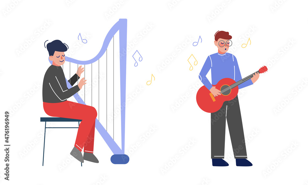 Teen Boy Playing Harp and Guitar as Talented Musician Character Vector ...