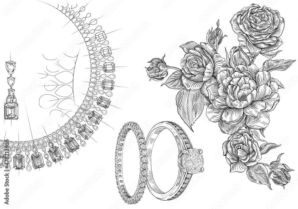 Pencil drawing of a necklace, a ring with precious stones and roses on ...
