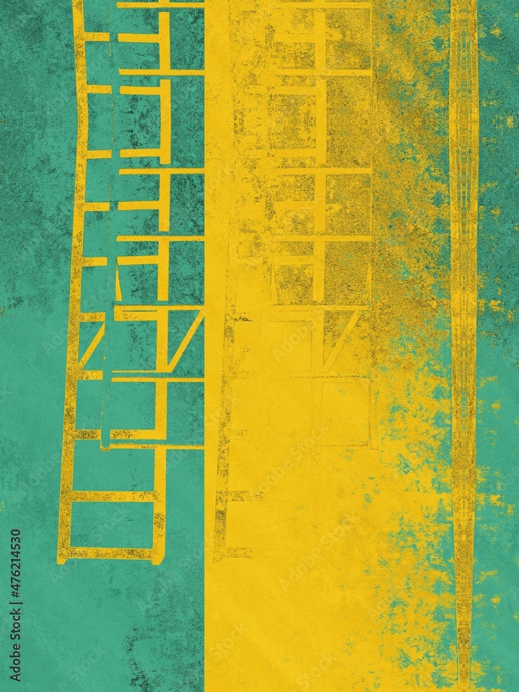 textured yellow and dull green background with vertical steel ladder ...