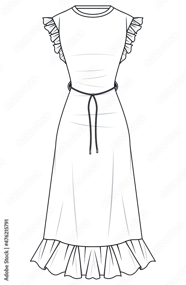 women cap sleeve crew neck drawstring waist midi dress with ruffle ...