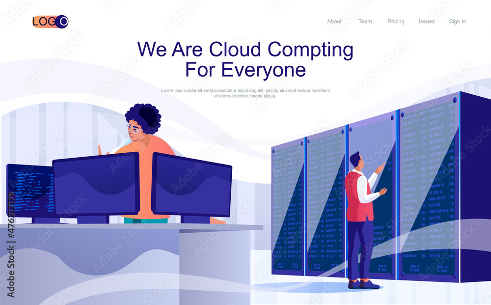 Cloud computing concept isometric landing page. People working in tech ...